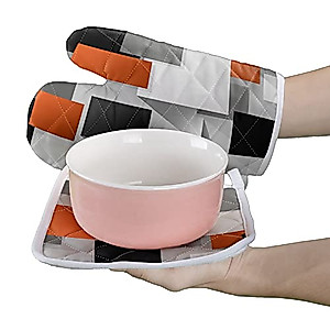 Oven Mitts, Geometric Figures Anti-Skid Cooking Gloves for BBQ, Microwave, Baking, Cooking, Thermal Insulation Hot Pads Potholders for Handling Hot Cookware Orange Grey Black Color Block