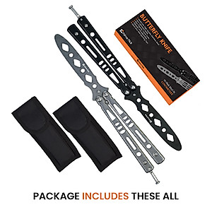 Butterfly Knife, Balisong Trainer Unsharpened Blade, 2 Practice Knives Set with Pouches Fully safe Not Real Blades