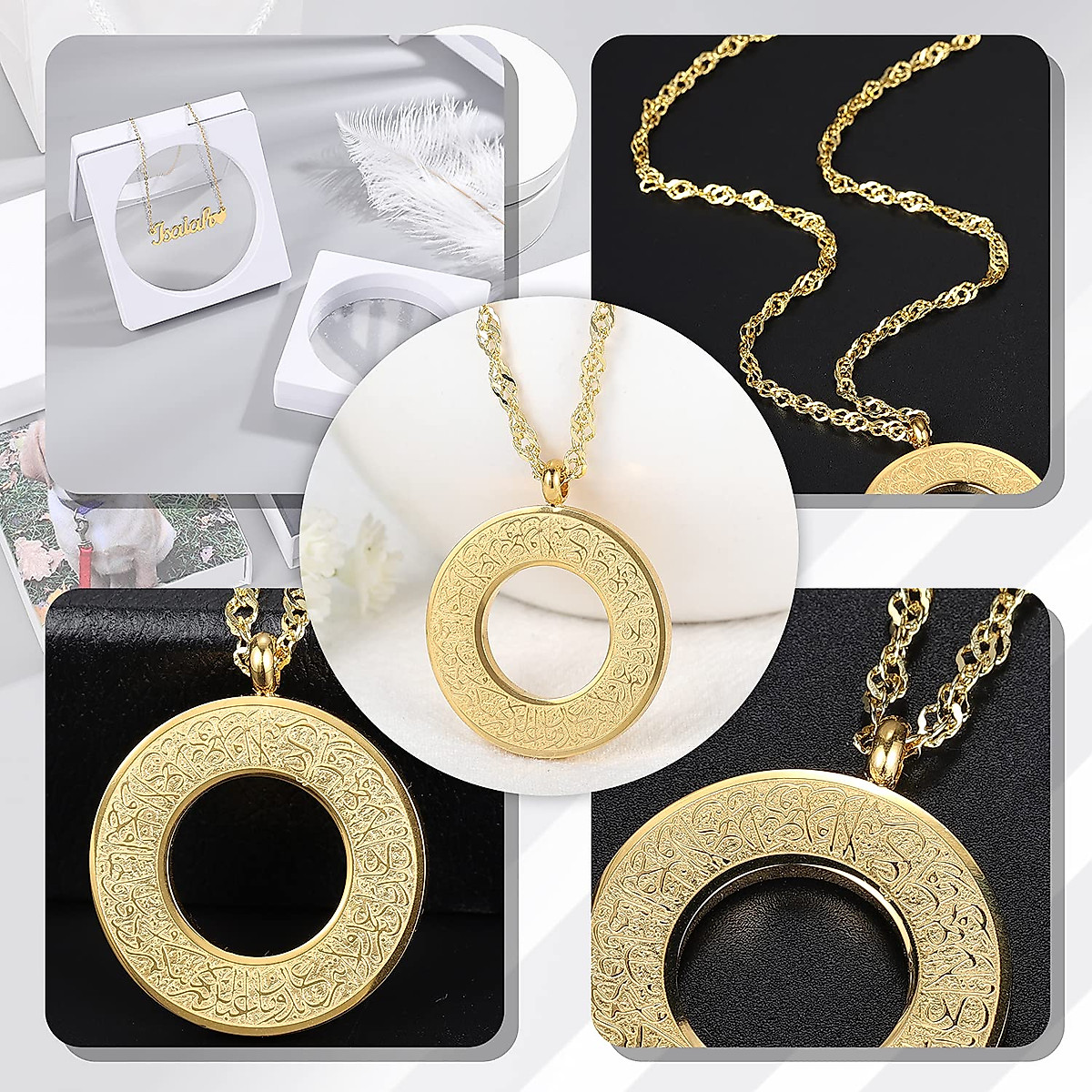 Qitian Islamic Jewelry Gifts for Women Muslim Pendant Gold Allah Arabic Necklaces Ayatul Kursi Necklace Islam Eid Ramadan Gifts for Women Men（Gold-Hollow）