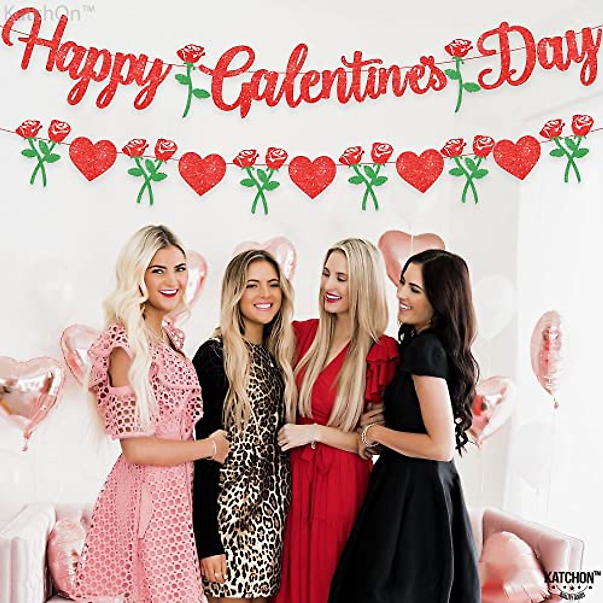 Happy Galentines Day Banner with Roses - 2 Strings, No DIY | Happy Galentines Day Decorations | Galentines Day Party Favors for Be My Galentine Decor | Galentine's Day Decorations, Galentines Décor