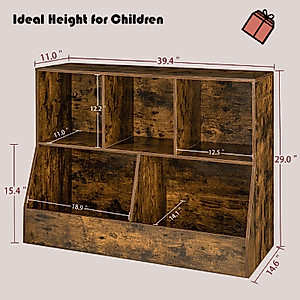 DINZI LVJ 5-Shelf Bookshelf, Rustic Brown Toy Storage Organizer with 2 Bins, Kids Bookcase for Playroom, Bedroom, Nursery, Hallway, School, 39.4" Long