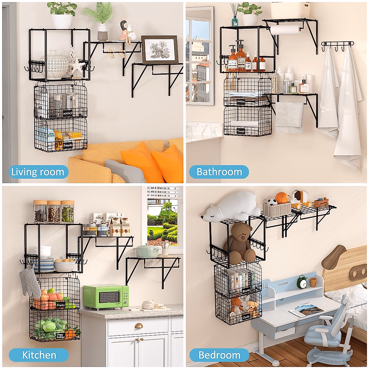 ThreeHio 3 Pack Laundry Room Shelves Wall Mounted with Wire Storage Baskets, Over Washer and Dryer Shelves with Hanging Rods and Hooks, Wire Wall Shelves Baskets for Laundry Organization and Storage