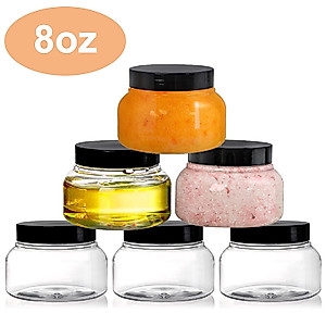 Yarlung 16 Pack 8 Oz Plastic Jars with Lids, Clear Body Scrub Containers Empty Refillable Containers Round Low Profile Samples Jars for Makeup, Body Butter, Creams, Slime, Travel Storage
