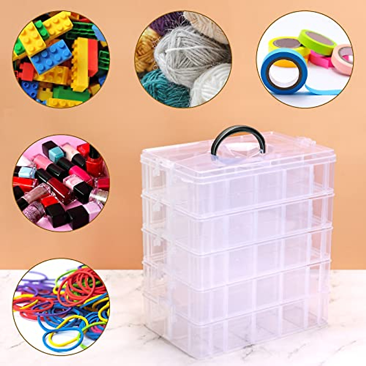 QUEFE 5-Tier Stackable Storage Container Box with 50 Compartments, Plastic Organizer Box for Arts and Crafts, Toy, Fuse Beads, Washi Tapes
