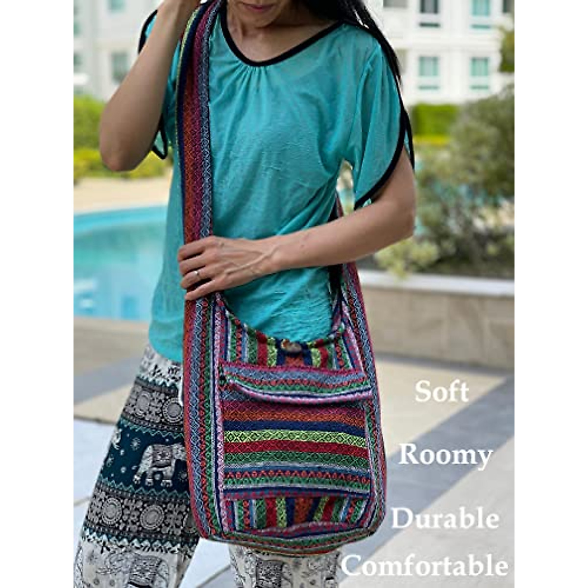 Aztec Crossbody Bags for Women - Boho Shoulder Bag - Handmade Hippie Purse - Fully Lined Cotton Interior - Medium (Rainbow)