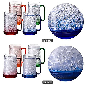 EASICOZI Double Wall Gel Frosty Freezer Ice Mugs Clear 16oz Set of 4 (Blue, Red, Orange and Green)
