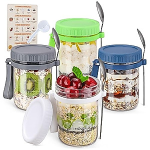 Overnight Oats Containers with Lids and Spoons, 4 Pack 16oz Glass Mason Jars for Overnight Oats with Recipe Card, Ingredients Guide Marks, Measuring Cups and Silicone Straps for Overnight Oats Jars