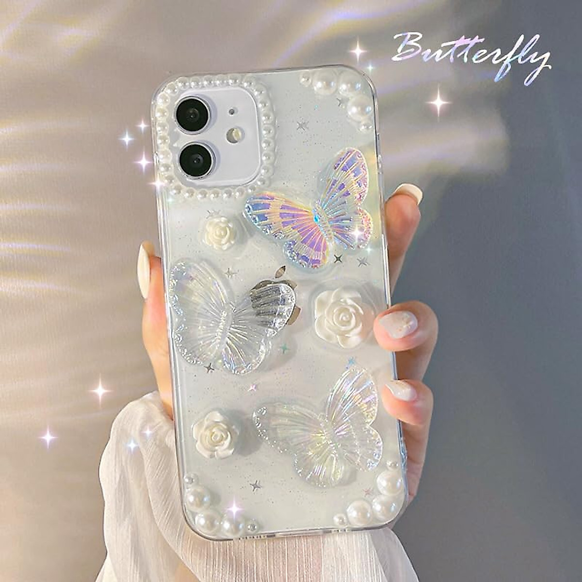 LOLAGIGI for iPhone 13 Pro Max Case Cute Butterfly Flower Pearl 3D Twinkle Glitter Spark Luxury Girly Aesthetic Personalized Design for Women Girls Transparent Epoxy TPU Case, 6.7", Clear