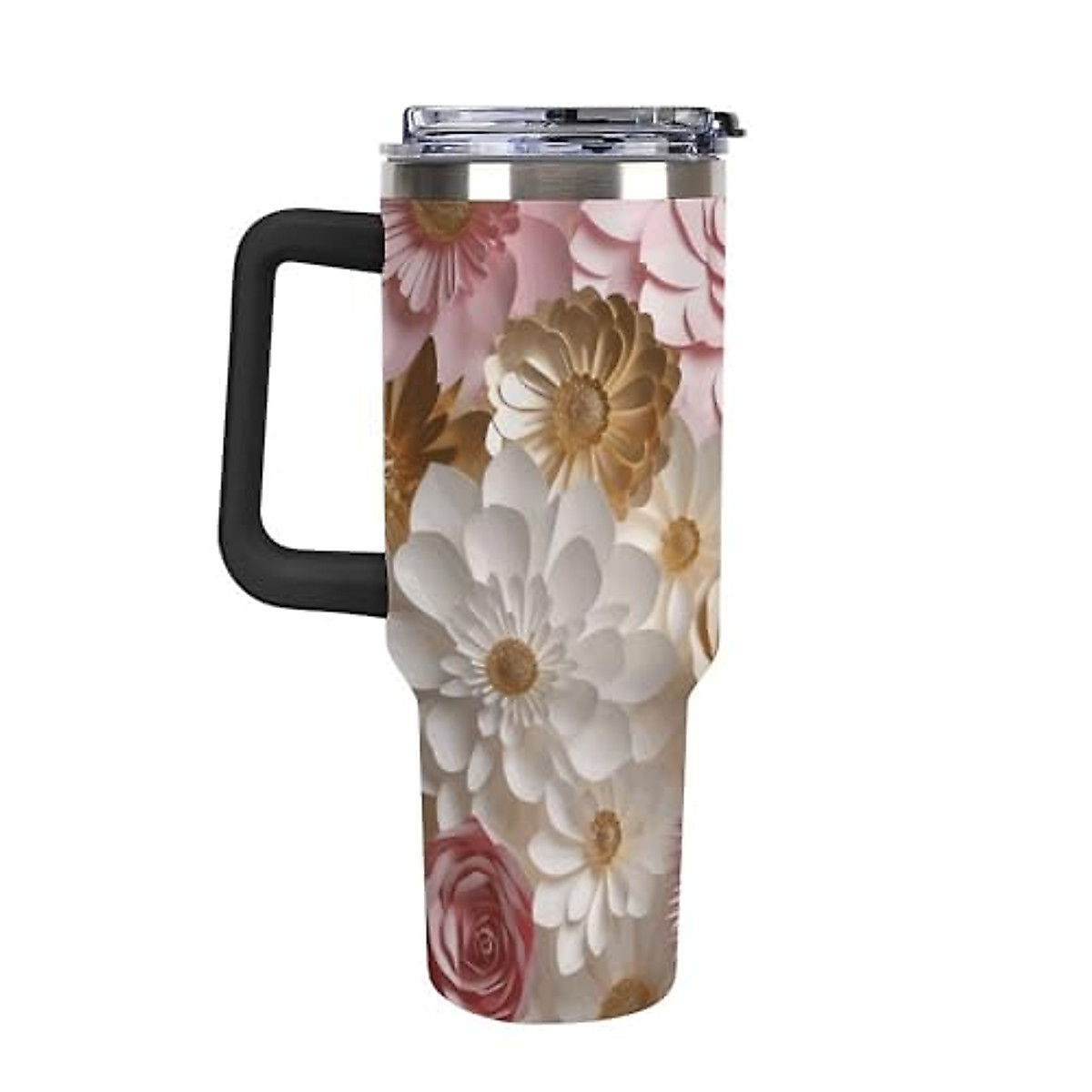 NVBSKKDH Pink White Gold Flowers 40 Oz Stainless Steel Tumbler with Handle & Straw Double-Walled Vacuum Insulated Travel Mug for Hot/Cold Drinks, Reusable Thermal Cup for Car Cup Holder