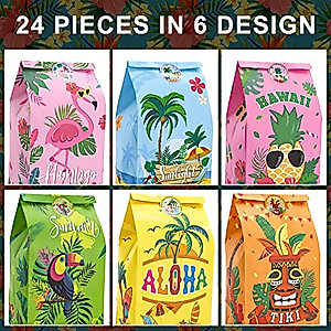 Whaline 24Pcs Hawaiian Tropical Gift Bags Wrapped Treat Bags with Tag Stickers Summer Vibes Party Favor Bags Aloha Candy Bags Kraft Paper Gift Bags for Summer Hula Party Supplies Gift Wrap