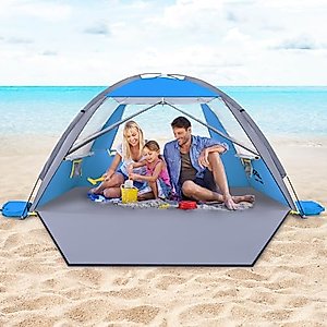 Happy Travel Beach Tent Sun Shelter for 3/4/5/6/7/8 Person, Portable UPF 50+ UV Protection Beach Shade Canopy for Family & Baby, Lightweight & Easy Setup Beach Cabana with 3 Ventilation Mesh Windows