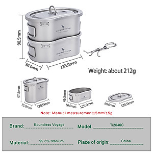 usharedo Boundless Voyage Titanium Camping Pots Set with Hanging Ring Ultralight Portable Bowl Picnic Cookware Titanium Canteen Mess kit for Outdoor Hiking Backpacking Mountaineering Ti15123B