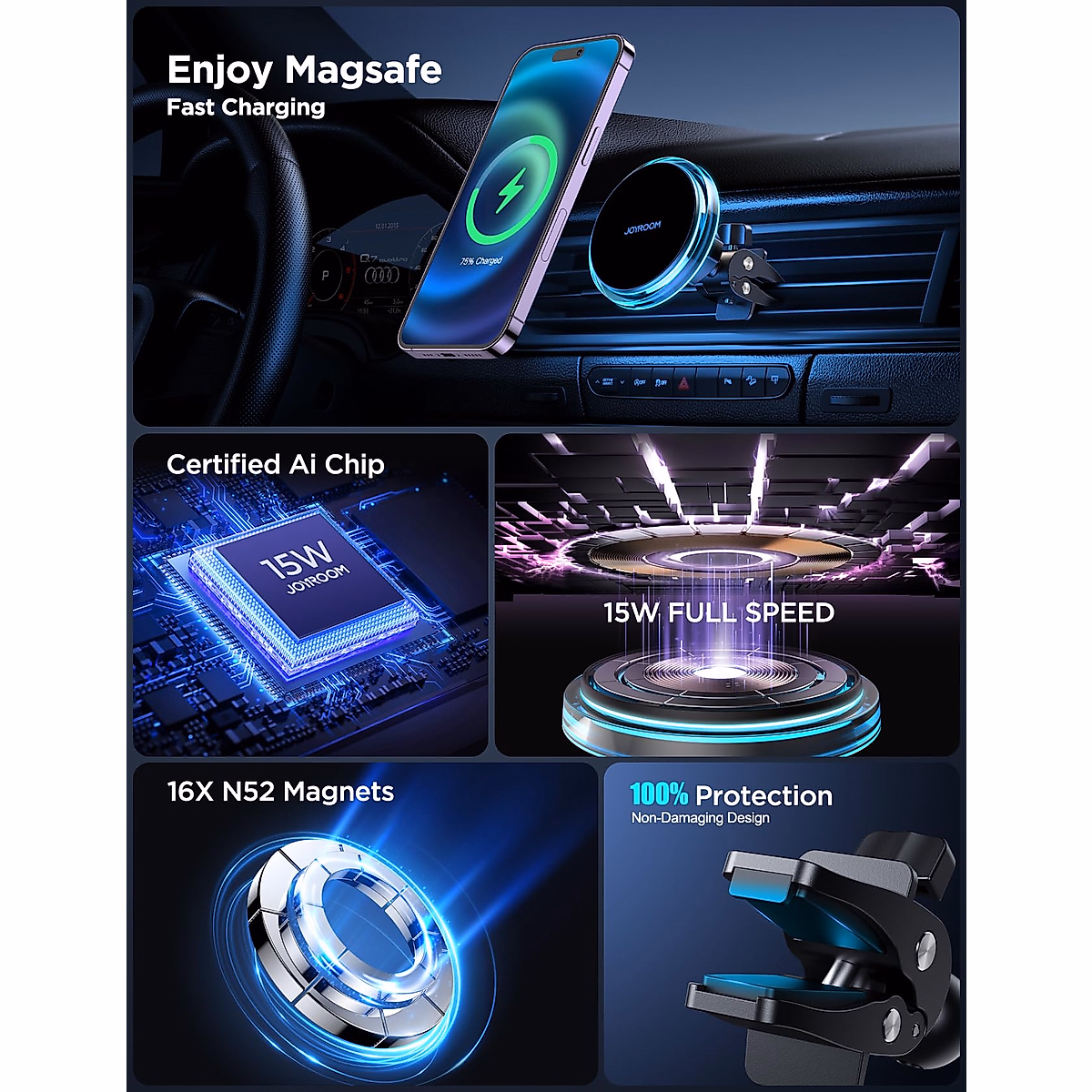 JOYROOM for Car Mount Charger, 15W Wireless Charger for Car Magnetic Phone Holder Mount,[Powerful Magnets] for Car Charger, Phone Mount Holder for Car Vent Charger Fits iPhone 14/13/12 (JR-ZS291CC)