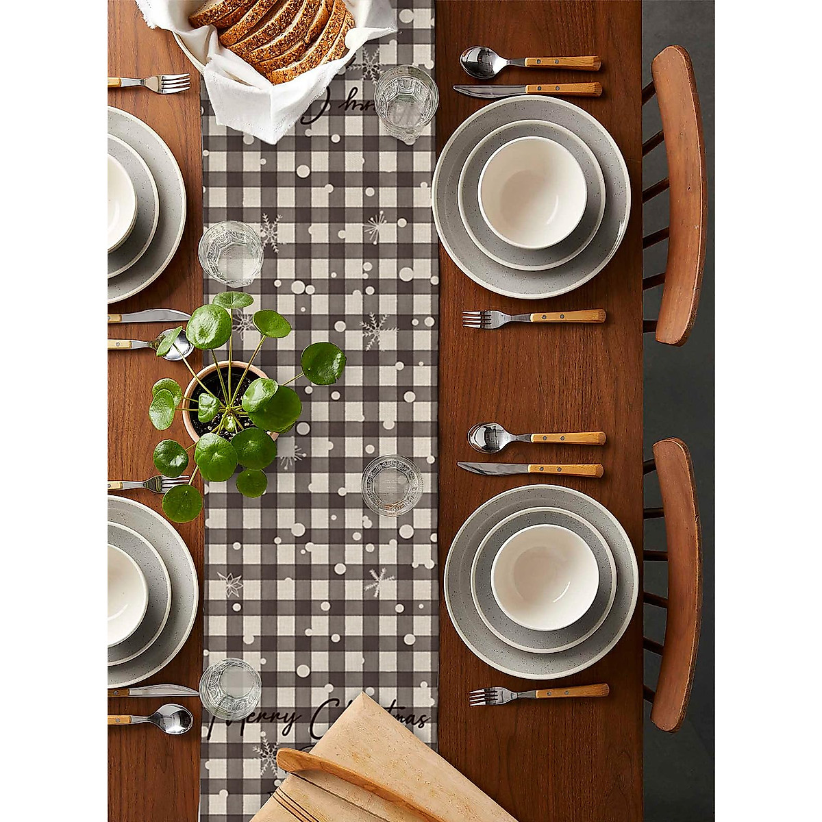 Christmas Snowman Table Runner 36 Inches Long Farmhouse Dress Scarves, Black and White Checkered Winter Snowflake Dining Tablerunner for Coffee Table/Kitchen Island/Party Décor, Small 13" x 36"