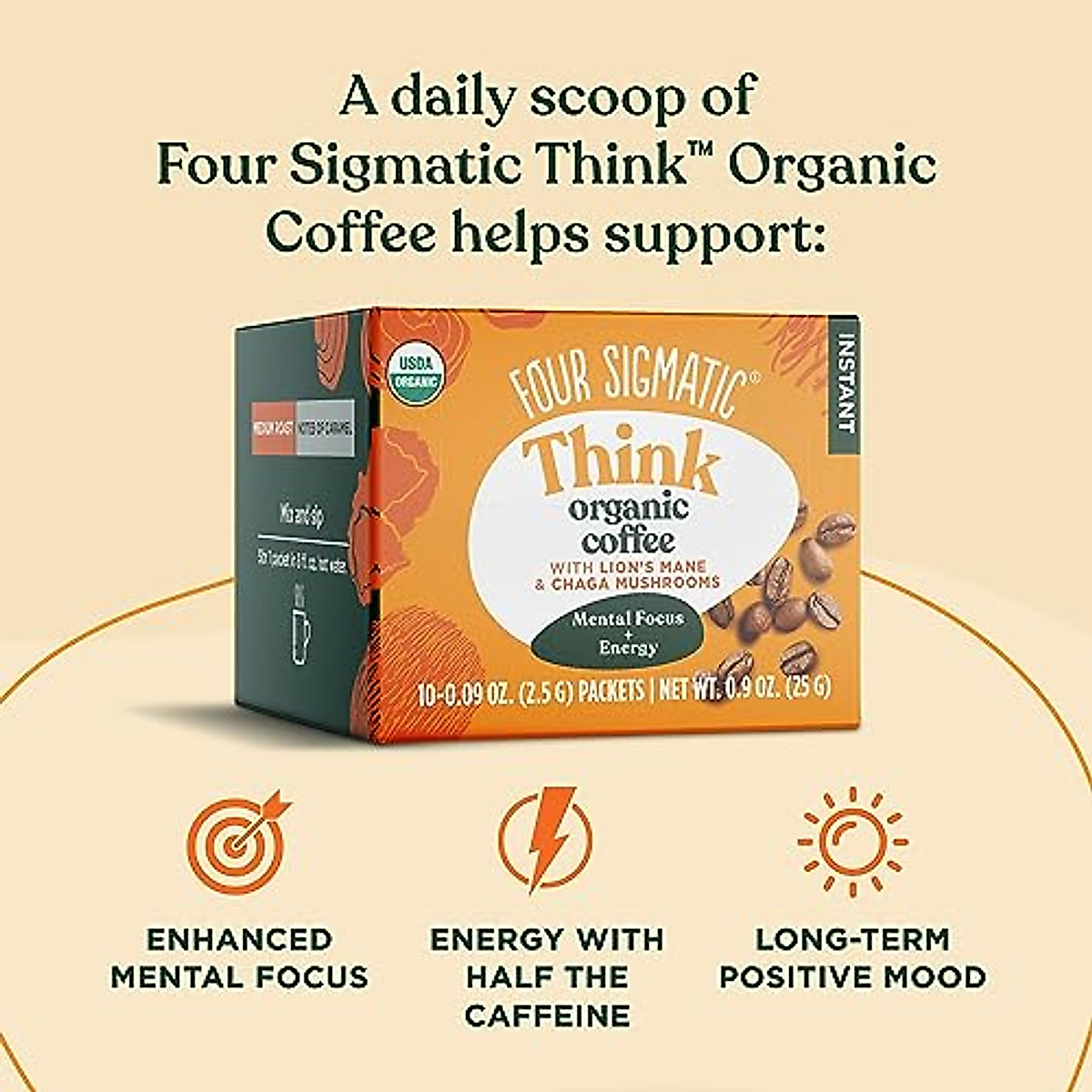 Organic Instant Coffee Powder by Four Sigmatic | Arabica Instant Coffee Singles with Lion's Mane, Chaga and Rhodiola | Mushroom Coffee Instant Mix for Better Focus and Immune Support | 10 Packets