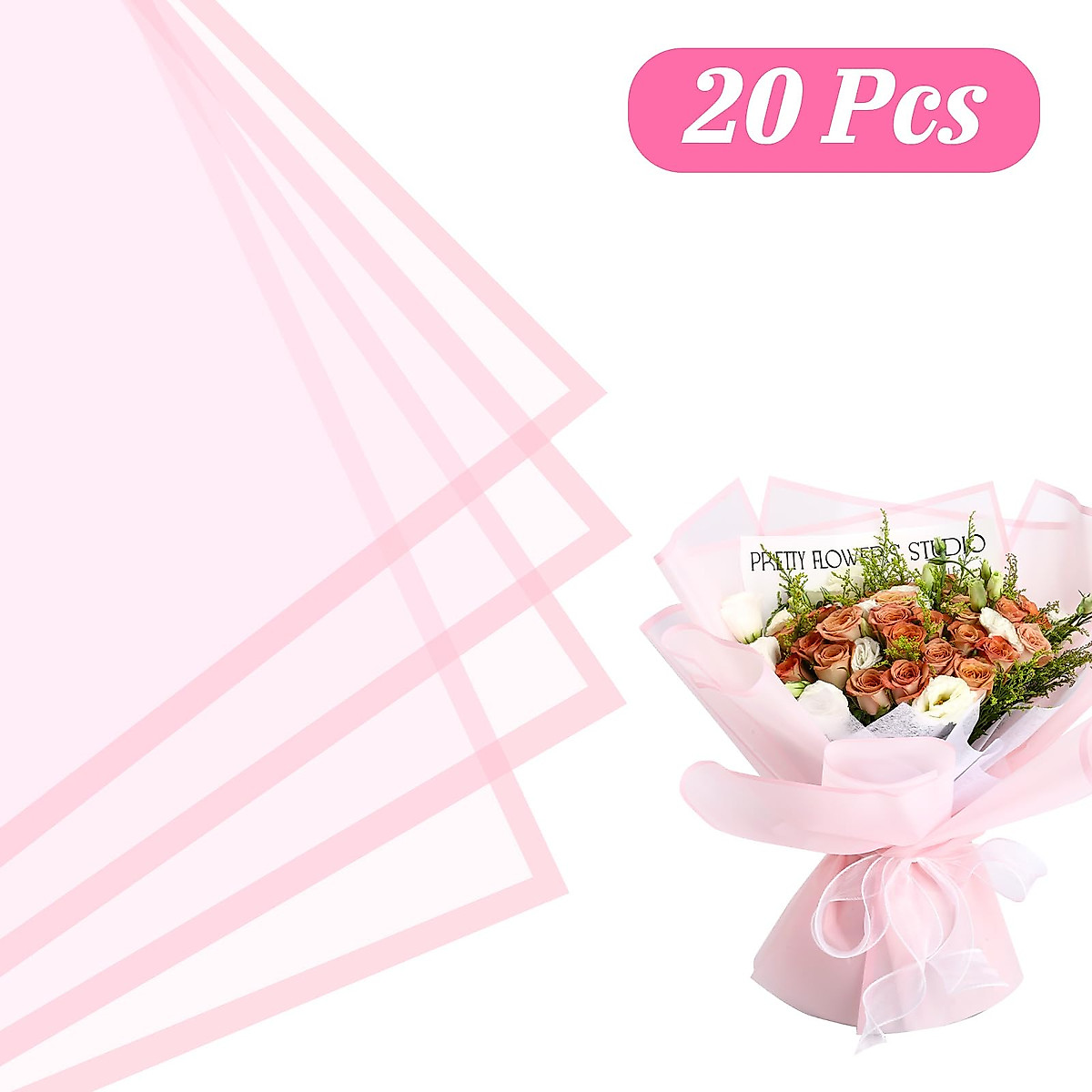 Rumvan Flower Wrapping Paper, 20 Sheets, Waterproof, Floral Bouquet Design, for Wedding, Birthday Gift, DIY Florist Supplies (Pink colour)