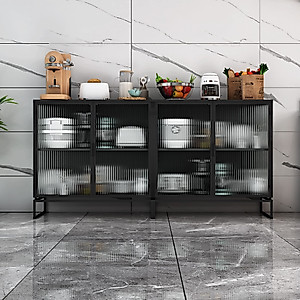 QEIUZON Modern Sideboard Buffet Cabinet, Glass Accent Storage Cabinet Kitchen Console Table TV Stand for Living Room, Dining Room, Bedroom (Black-2 Packs)