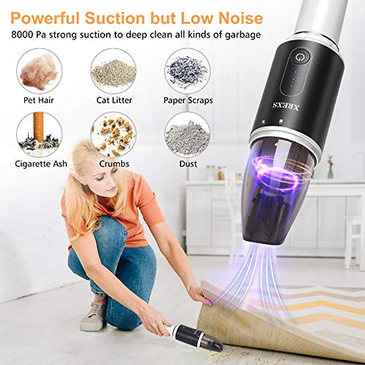 XREXS Handheld Vacuum Cordless, Portable Hand Held Car Vacuum Cleaner with High Power, Rechargeable Mini Vacuum for Home Office Pet Hair Cleaning, 8000Pa Strong Suction, Lightweight and Quick Charge