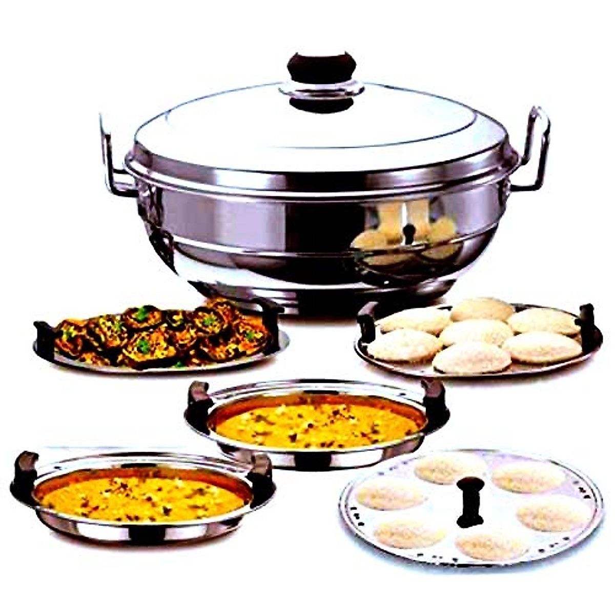 LUSTER Premium Heavy Duty All-in-One Stainless Steel Idli Cooker Multi Kadai Steamer with Induction Bottom Pot Set Includes, Big Size with 5 Plate (2 Idli, 2 Dhokla, 1Patra, Silver)