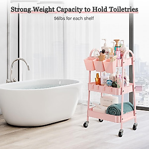 danpinera 3-Tier Rolling Cart, Metal Rolling Storage Cart with Lockable Wheels & Hanging Cups & Hooks, Mobile Trolley Cart for Kitchen, Bathroom, Office, Workshop, Pink