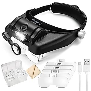 Dilzekui Head Mount Magnifying Glass with Light, Rechargeable Black Headband Magnifier, Head-Mounted Magnifying Glass with 6 Detachable Lens, Hands Free Magnifying Glasses for Close Work Crafts Repair