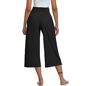 TARSE Womens Casual Wide Leg Yoga Capris Plus Size Crossover High Waist Capri Pants Loose Soft Pajama Pockets Sweatpants(Black,XXXL 3XL)