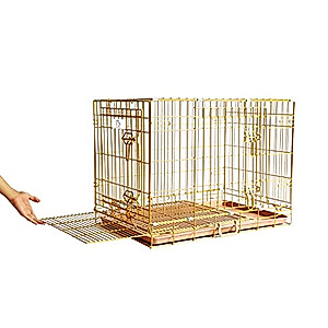 HOMEY PET Gold Color Folding Design Dog Crate Puppy Kennel with Removable Floor Grid and Pull Out Tray