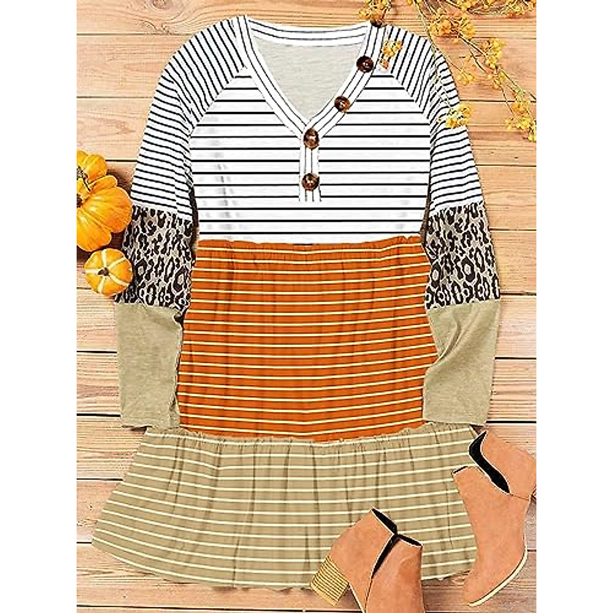 Women Casual Long Sleeve Tunic Dress Cute Button V Neck Swing Babydoll Flowy Tiered Mini Ruffles Dresses Loose Leopard Striped Color Block