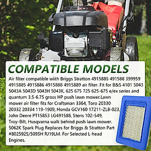 2-Pack 491588S Air Filter for Briggs & Stratton 491588 Toro 20332 Craftsman 33644 Push Lawn Mower & 5062K Spark Plug