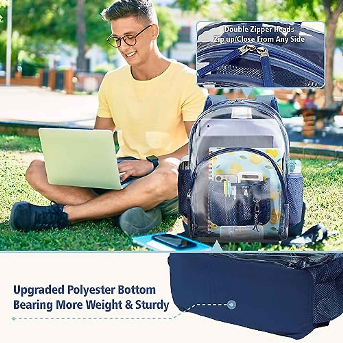 F-color Clear Backpack Heavy Duty - Large Clear Backpacks for School PVC Transparent Bookbag for Students Work Travel, Navy Blue