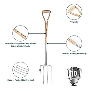Berry&Bird Garden Digging Fork, 37.4" Stainless Steel Garden Spading Fork with D-Grip Handle, 4-Tine Heavy Duty Long Handled Pitchfork with Ash Wood Handle for Digging, Planting, Aerating, Cultivating