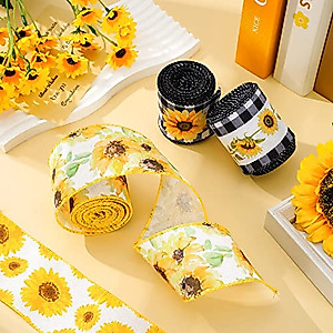 Whaline 36 Yard Sunflower Wired Edge Ribbon 6 Roll 2.5 Inch Buffalo Plaids Flower Fabric Ribbon Spring Summer Floral Decorative Craft Ribbon for Gift Wrapping Decor Hair Bow Sewing Wreath Crafts