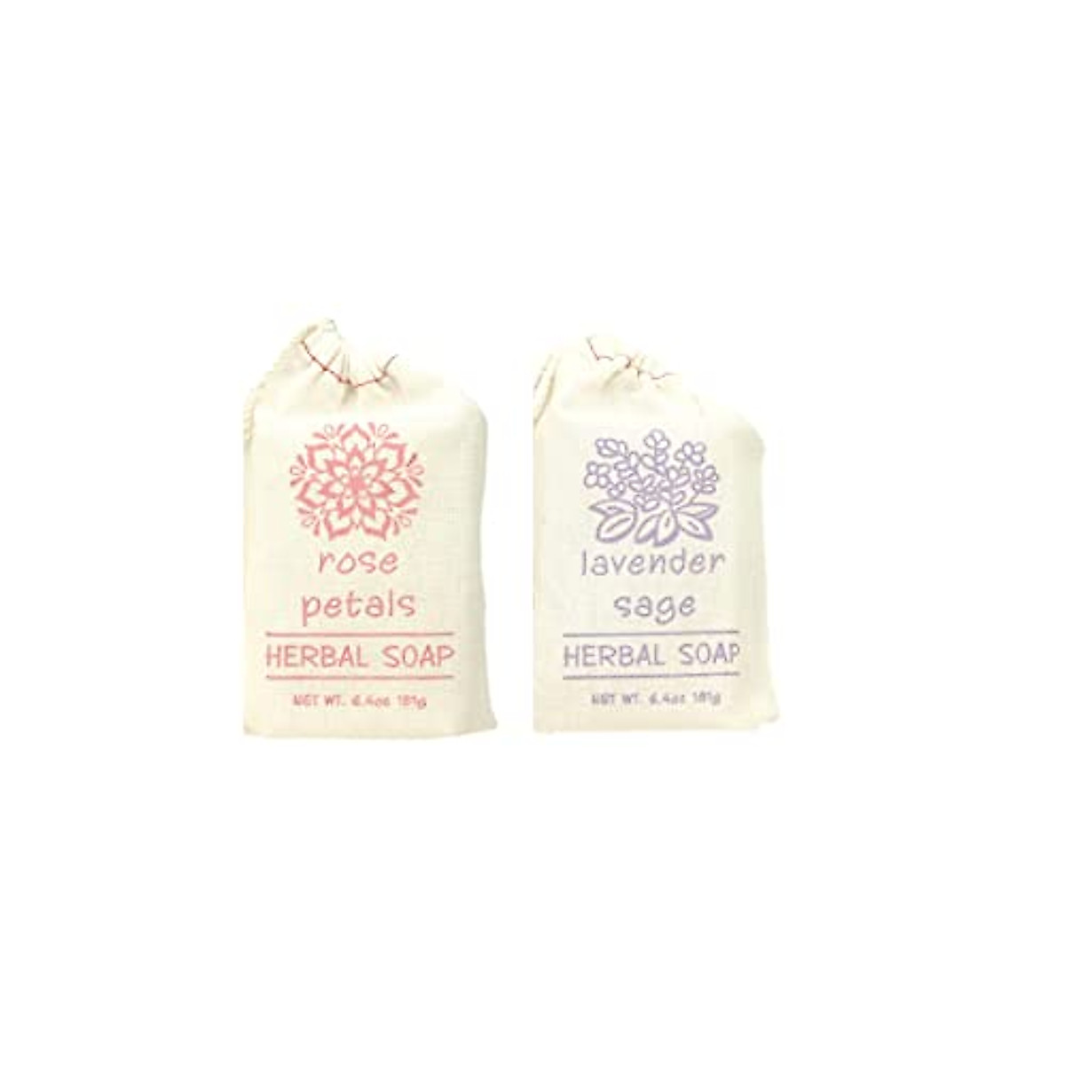 Greenwich Bay Trading Set of 2 Herbal Soaps - Each Individually Wrapped in a Drawstring Cloth Sack - Enriched with Shea Butter & Virgin Olive Oil and Infused with Fresh Botanical Scents - 6.4 Oz Each (Lavender Sage & Rose Petal)