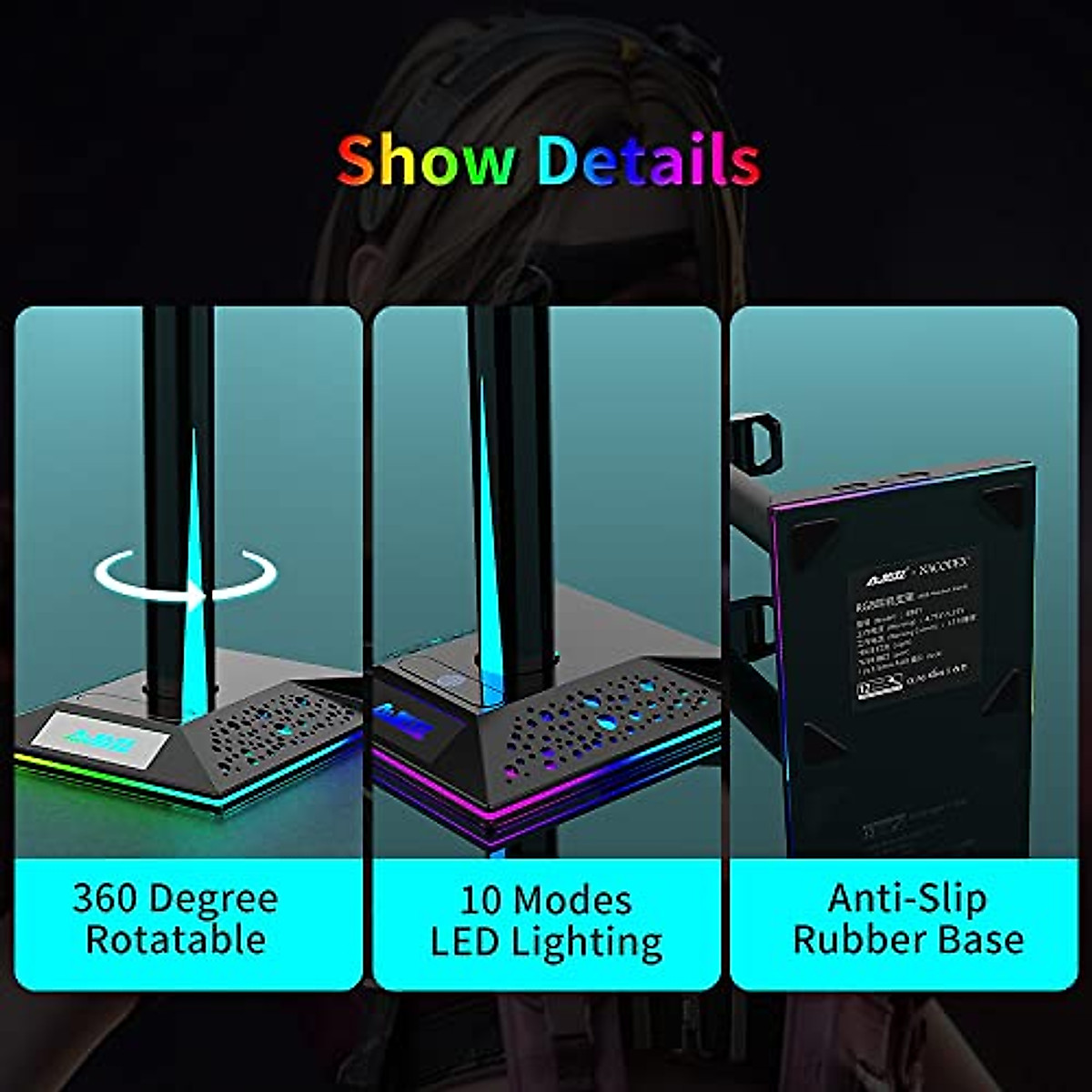 NACODEX Black Wired Gaming Headset and RGB Gaming Headphone Stand with 3.5mm AUX & 2 USB Port, Touch Control 10 Lighting Mode Headset Holder