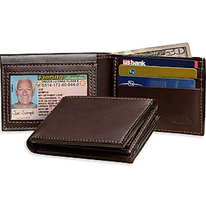 Premium Full Grain Bridle Leather Men’s Bifold Wallet With Flip Up ID Window – Brown - Made in USA