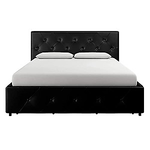 DHP Dakota Upholstered Platform Bed with Underbed Storage Drawers and Diamond Button Tufted Headboard and Footboard, No Box Spring Needed, Queen, Black Faux Leather
