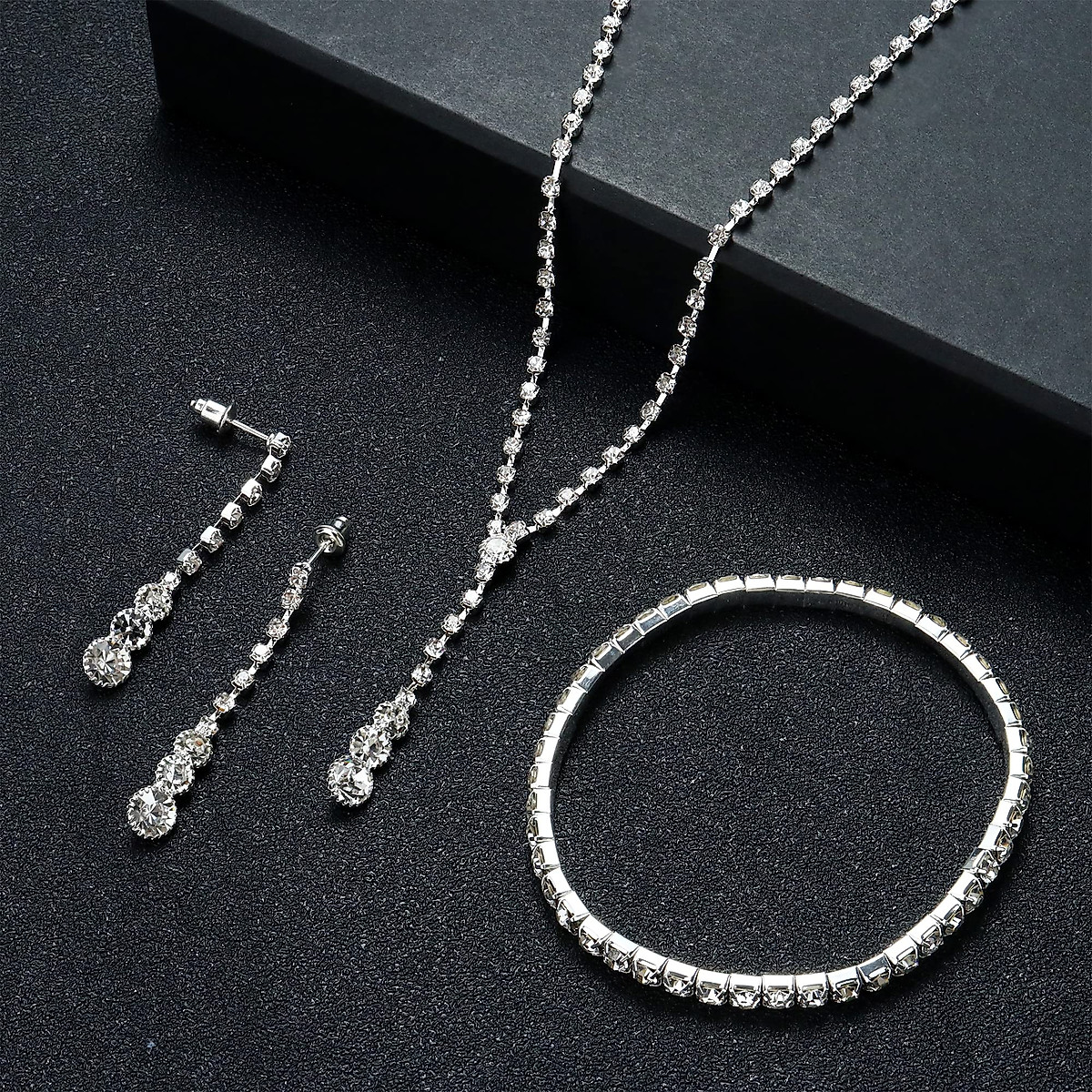 CASSIECA Silver Bridal Jewelry Set Rhinestone Necklace Bracelet Dangle Earrings for Bride Bridesmaid Teardrop Pendant Crystal Wedding Prom Jewelry Accessories for Women