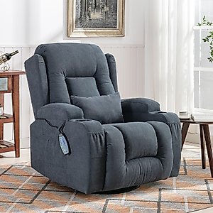 IPKIG Recliner Chair, Massage Swivel Rocker Recliner Chairs with Vibration Massage and Heat, Rocking Function, Side Pocket, 2 Cup Holders, Lumbar Pillow, Ergonomic Lounge Chair for Living Room (Blue)