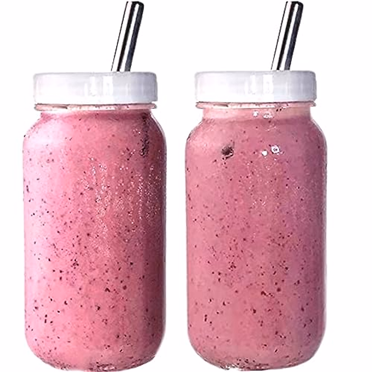 Reusable Smoothie Cup Regular Mouth 24 oz Mason Jar with Wide STAINLESS STEEL Straws Drinking Cups and Lids and Straws- Drinking Lid and BPA Leak Proof Caps by Jarming Collections