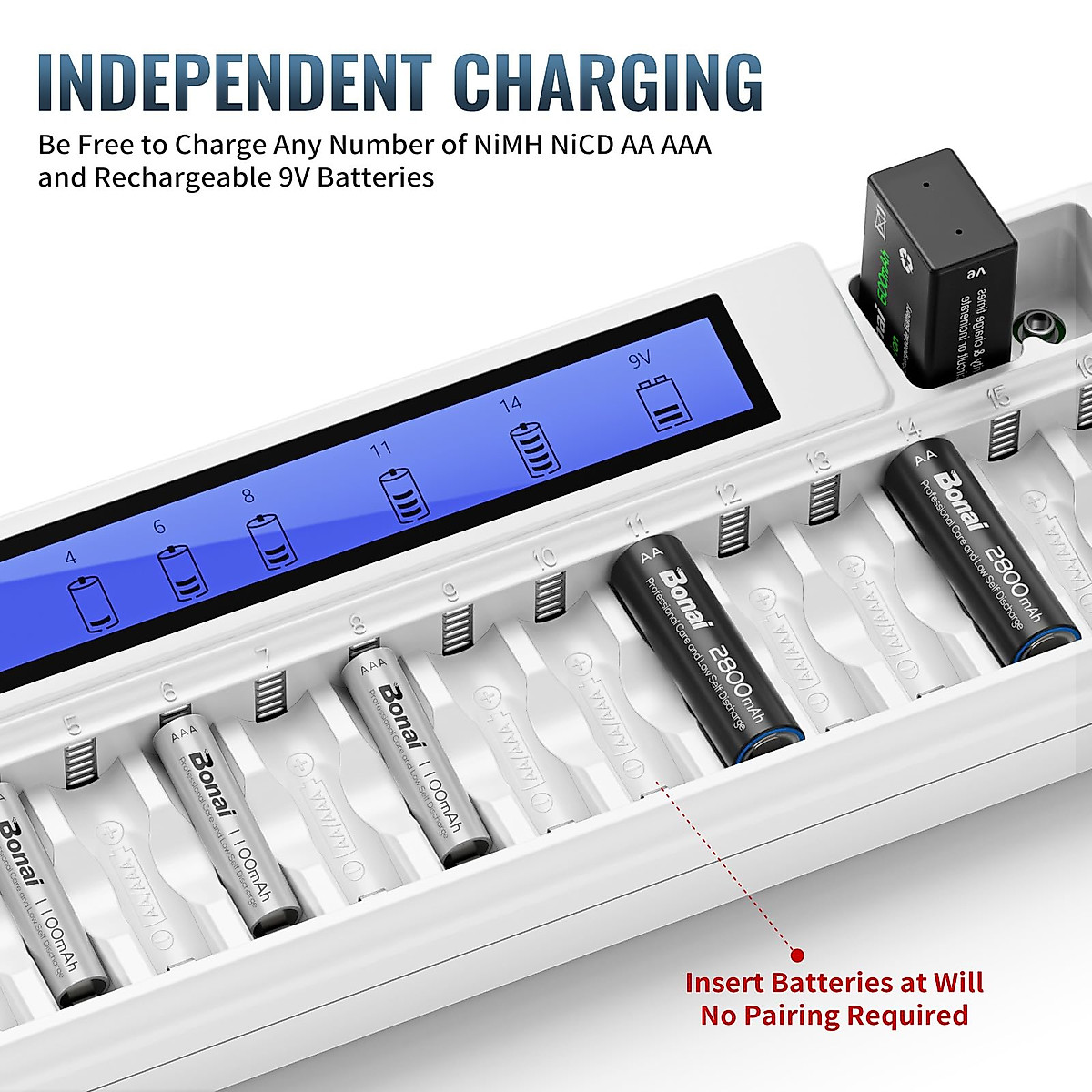 Bonai 16+2 Bay AA AAA 9V Battery Charger for NiMH NiCD Rechargeable Batteries Independent Control with Smart LCD Display and AC Wall Adapter, Battery not Included - White