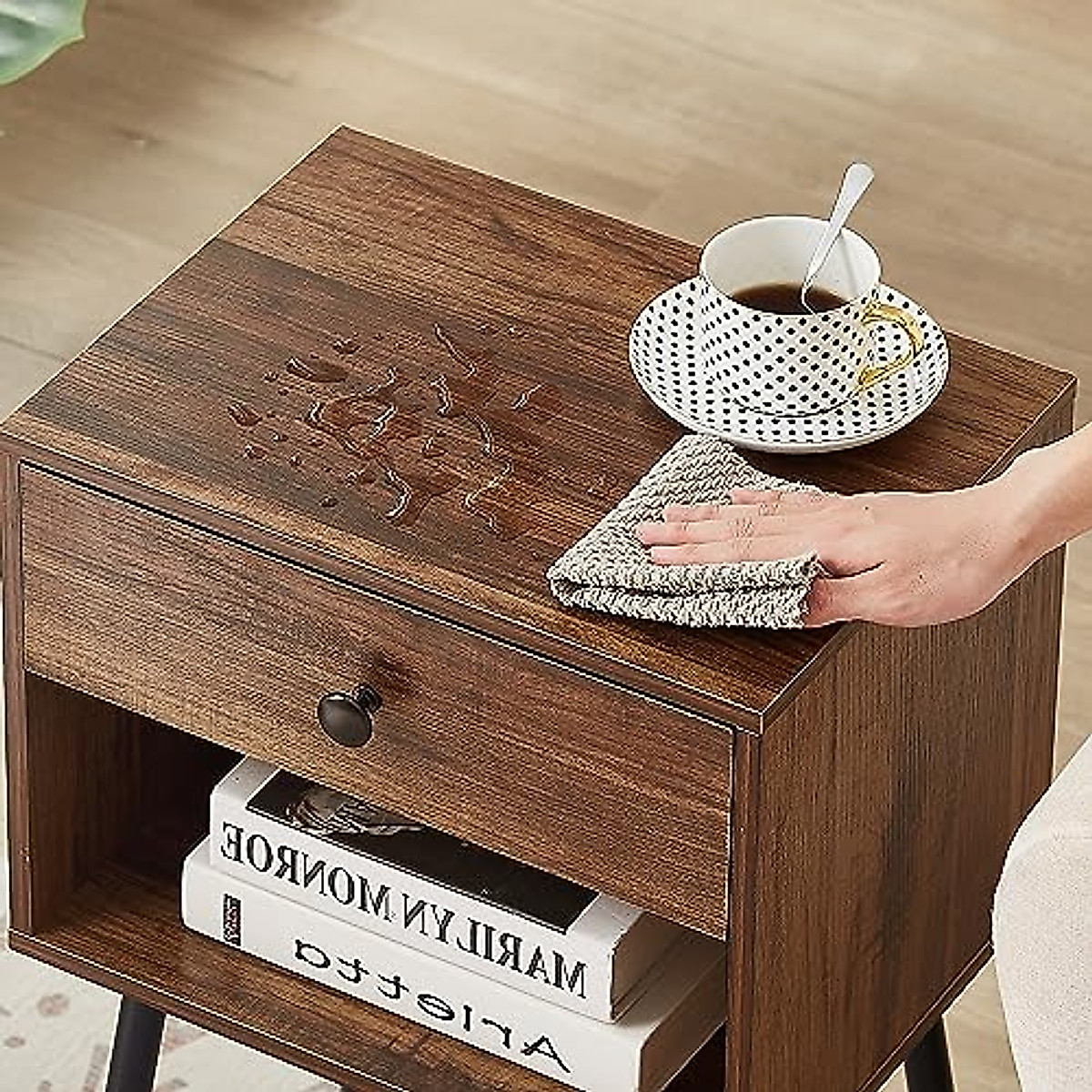 VECELO Nightstands Set of 2 Industrial 2-Tier Night Stand/Side Drawer, Wood Mid Century End Tables for Small Places, Bedrooms, Living Room, Home, Farmhouse, Rustic Brown