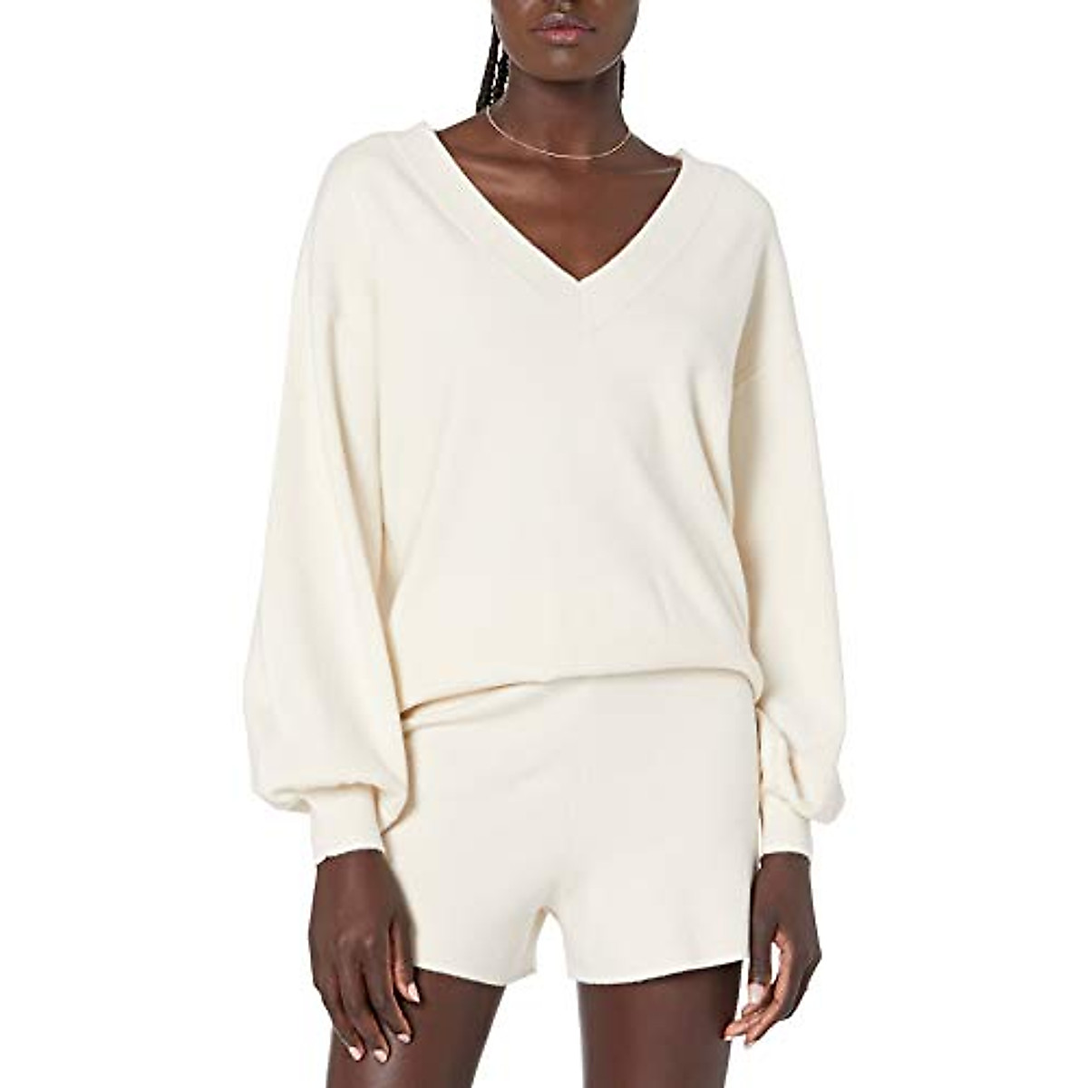 The Drop Women's Mia Bell Sleeve Deep V Neck Supersoft Sweater Whisper White , S