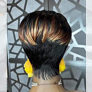 QiaQiaRing Pixie Cut Wigs for Black Women Colorful 1B/27/33 Sidepart Short Layered Pixie Cut Wigs with Bangs 10A Full Machine Made Human Hair Wigs 150% Density