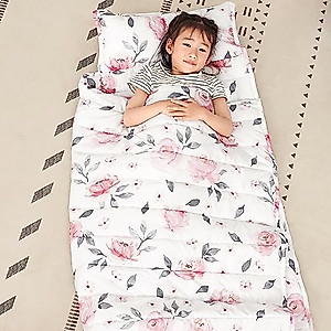 PHF Floral Toddler Nap Mat Set, with Removable Pillow for Toddler Girls, Soft and Lightweight for Daycare, Preschool, Travel, Kindergarten Sleeping Bag, Fits Ages 3-6 Years, Pink Floral