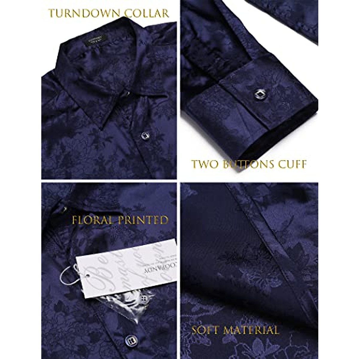 COOFANDY Mens Floral Rose Printed Long Sleeve Dress Shirts Prom Wedding Party Button Down Shirts (Deep blue)