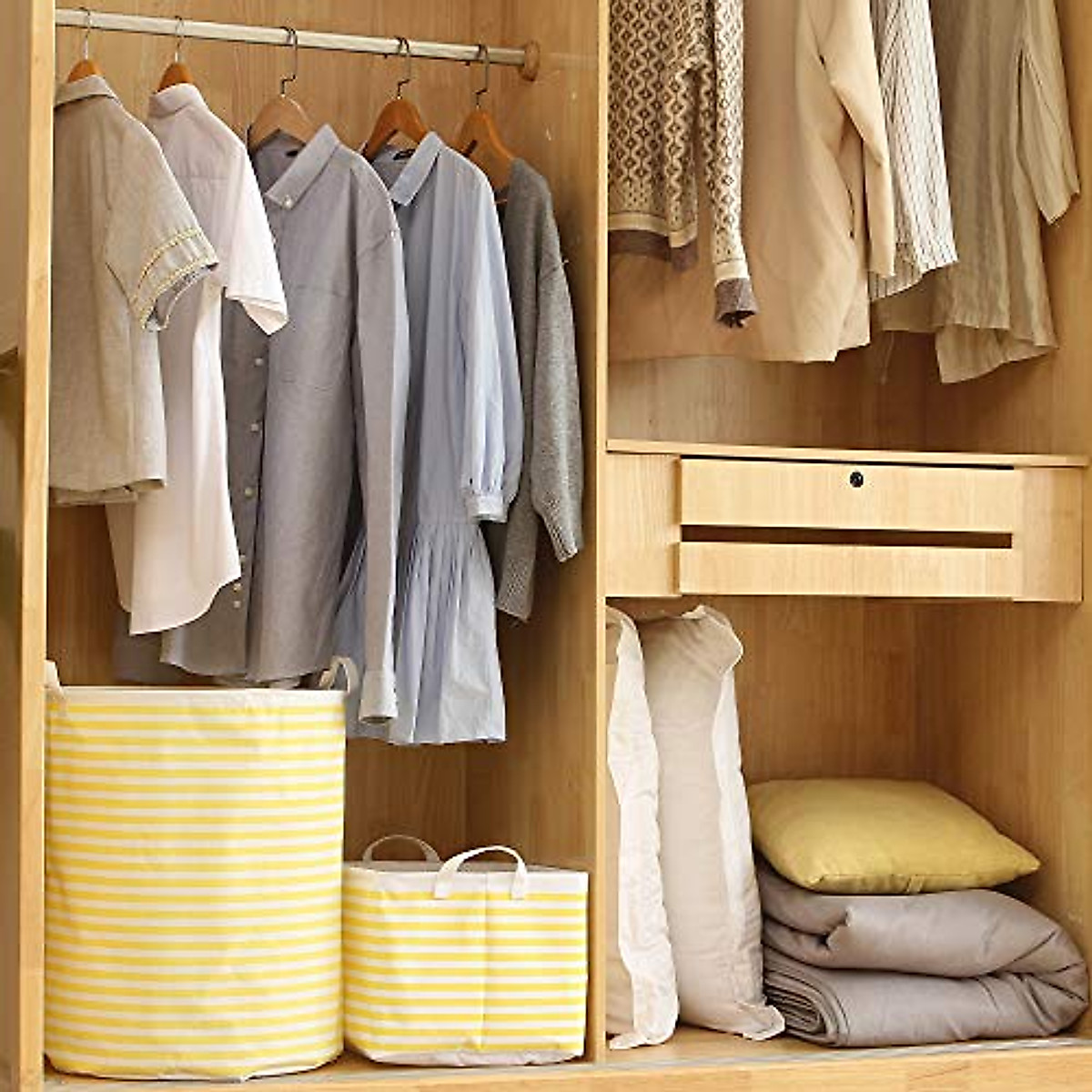 Sea Team 2-Pack Collapsible Canvas Fabric Storage Basket with Handles, Rectangle Waterproof Storage Bin, Box, Cube, Foldable Shelf Basket, Closet Organizer, 16.5 x 11.8 x 9.8 Inches, Yellow Stripe