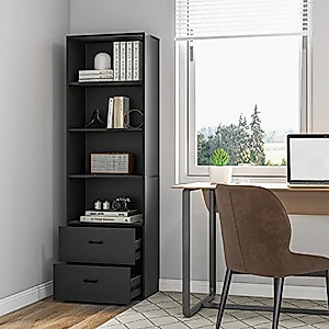SILKYDRY 74” Tall Bookshelf with 2 Drawers, 4 Tiers Open Storage Shelves, Freestanding Bookcase with Anti-Tip Devices, Wooden Book Organizer Cabinet for Bedroom, Living Room, Home Office (Black)