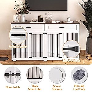 PIAOMTIEE Dog Crate Furniture, 72.4 Inch Wooden Dog Kennel, Modern Decorative Dog Crate End Table, Dog House with Double Doors, Drawers, Divider, Indoor Dog Cage for Large Medium Dogs, White
