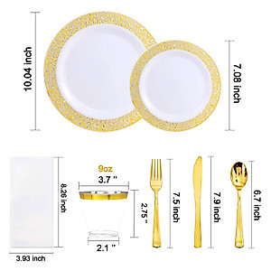 350 Piece Dinnerware Set for Wedding & Party,50 Guest Lace Design Plastic Plates,50 Plastic Silverware,50 Cups,50 Linen Like Napkins,50 Guest Disposable Dinnerware Set (Gold)