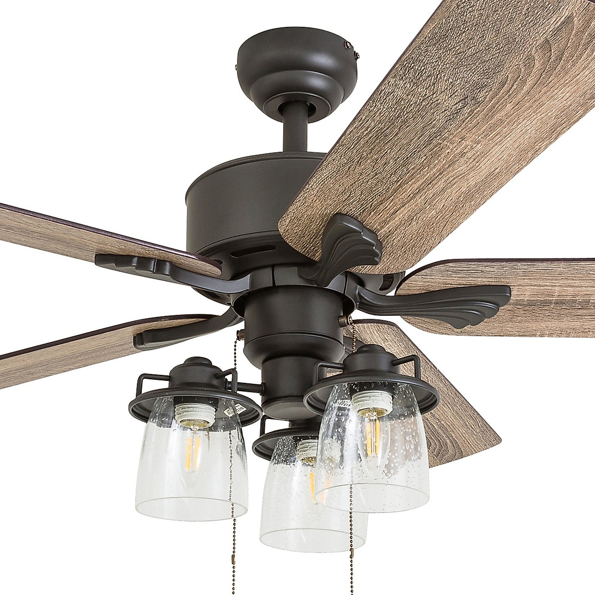 Prominence Home River Run, 52 Inch Farmhouse LED Ceiling Fan with Light, Pull Chain, Three Mounting Options, 5 Dual Finish Blades, Reversible Motor - 50566-01 (Bronze)